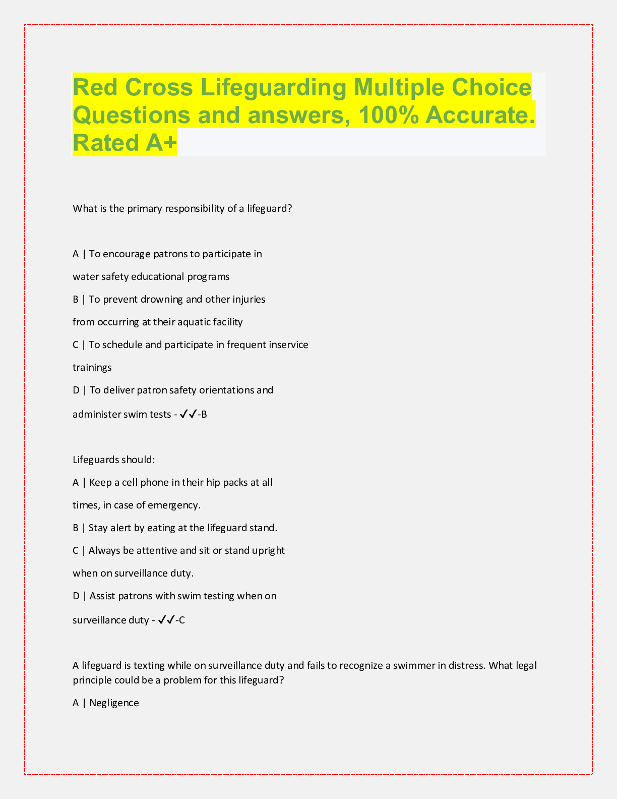 Red Cross Lifeguarding Multiple Choice Questions and answers, 100% ...