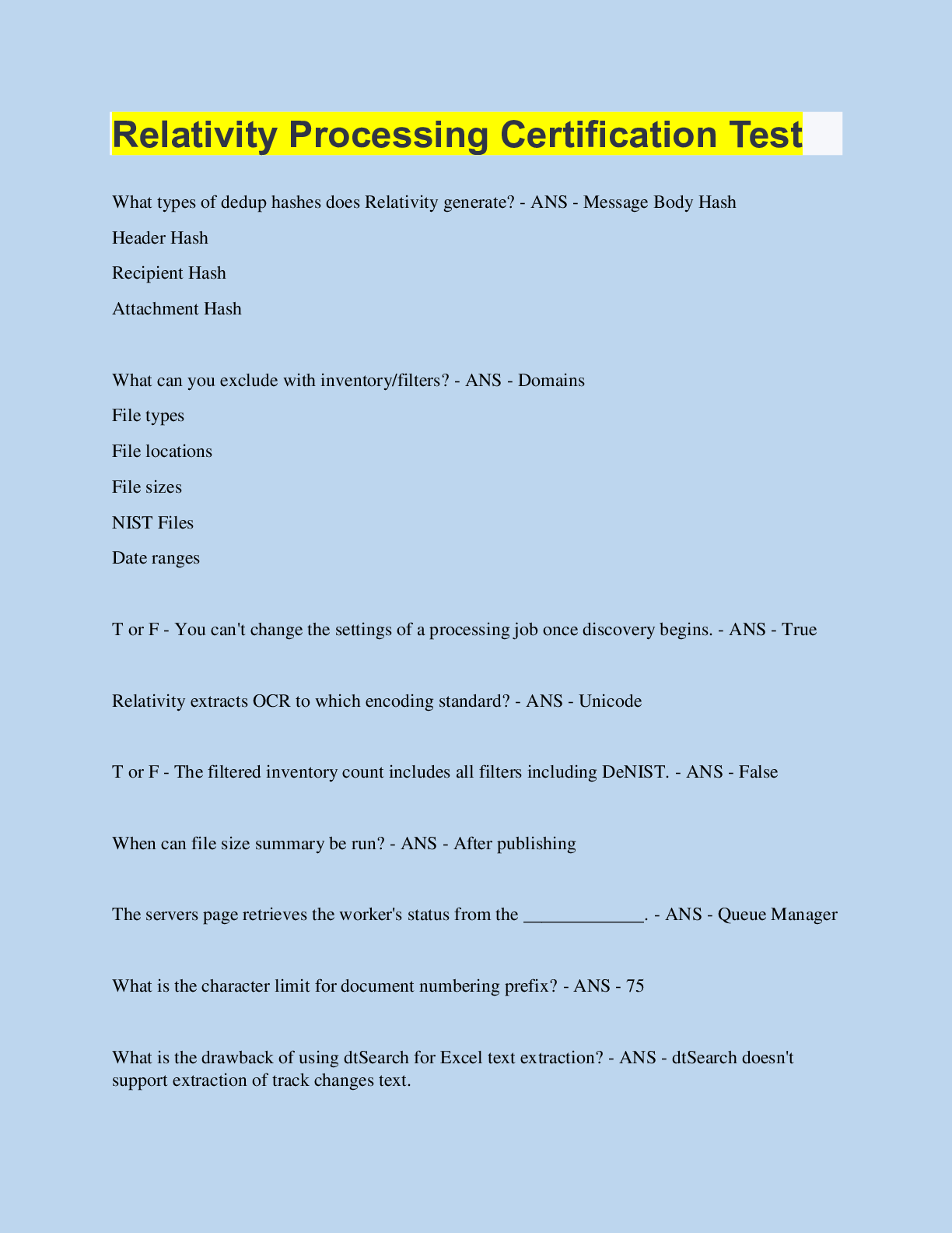 Relativity Processing Certification Test - Scholarfriends
