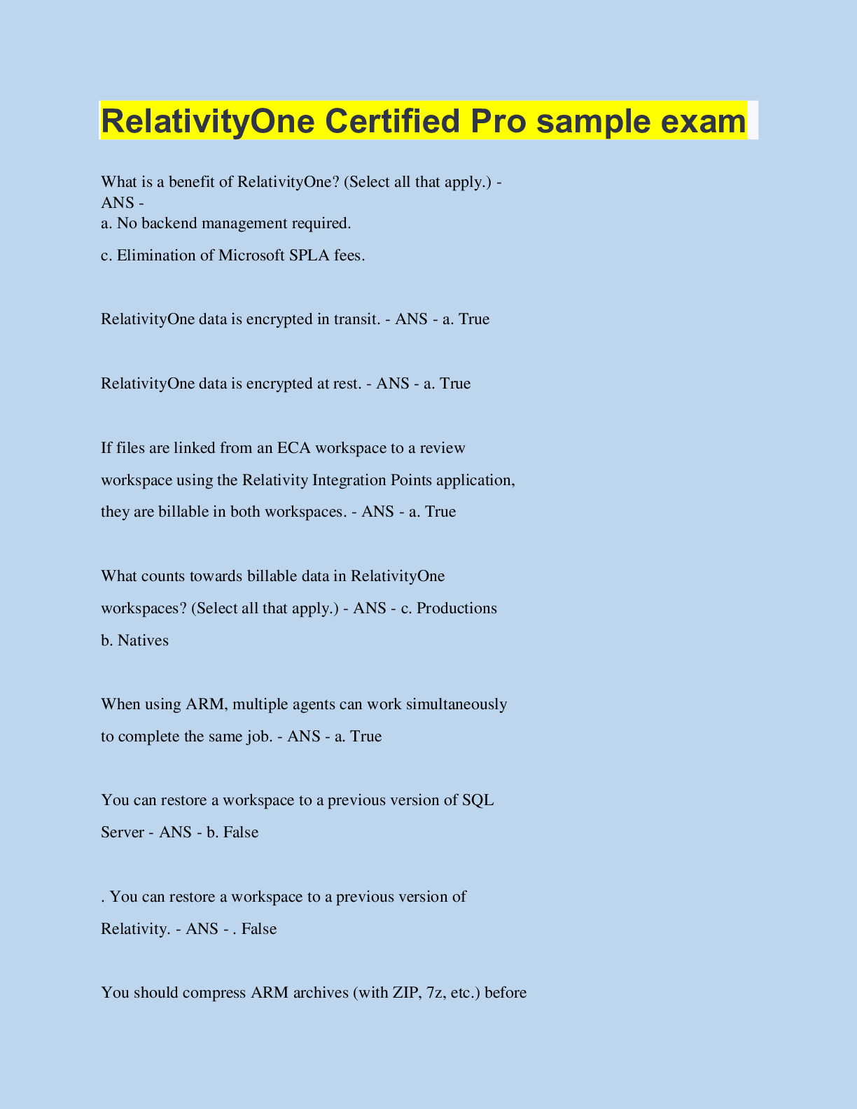 RelativityOne Certified Pro sample exam - Scholarfriends