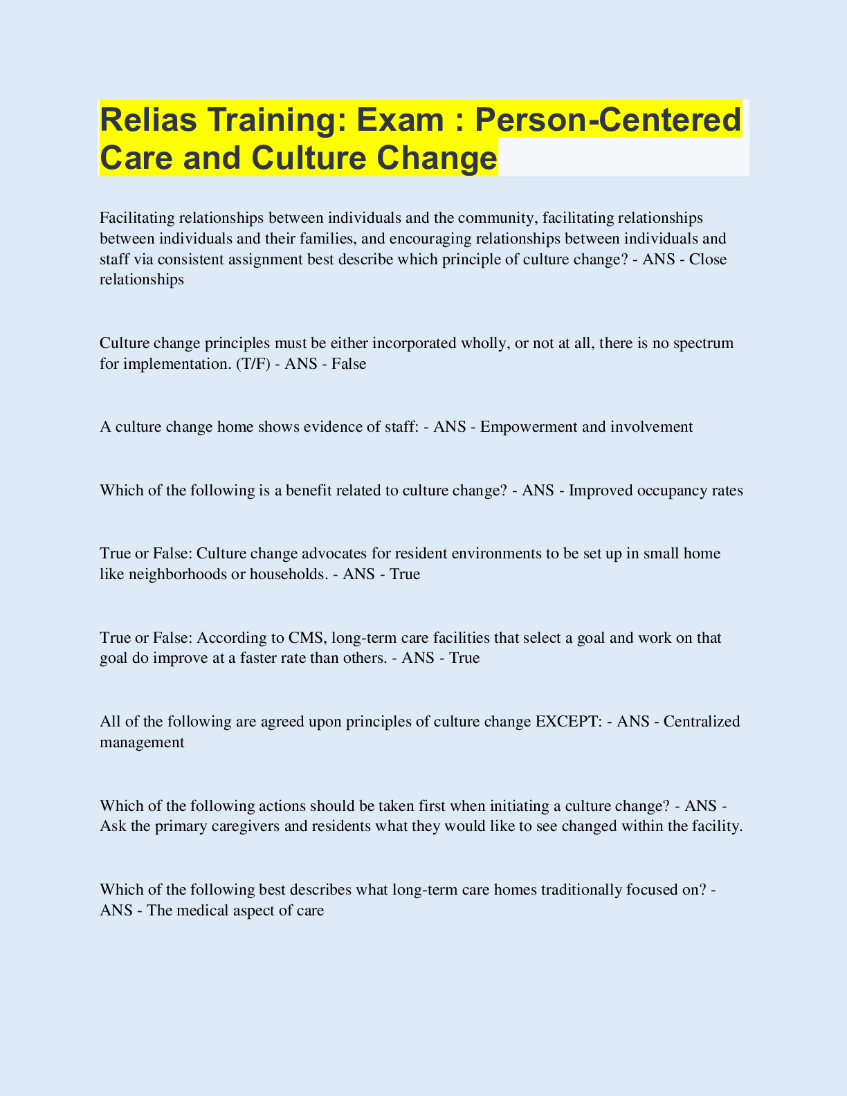 Relias Training: Exam : Person-Centered Care and Culture Change | with ...