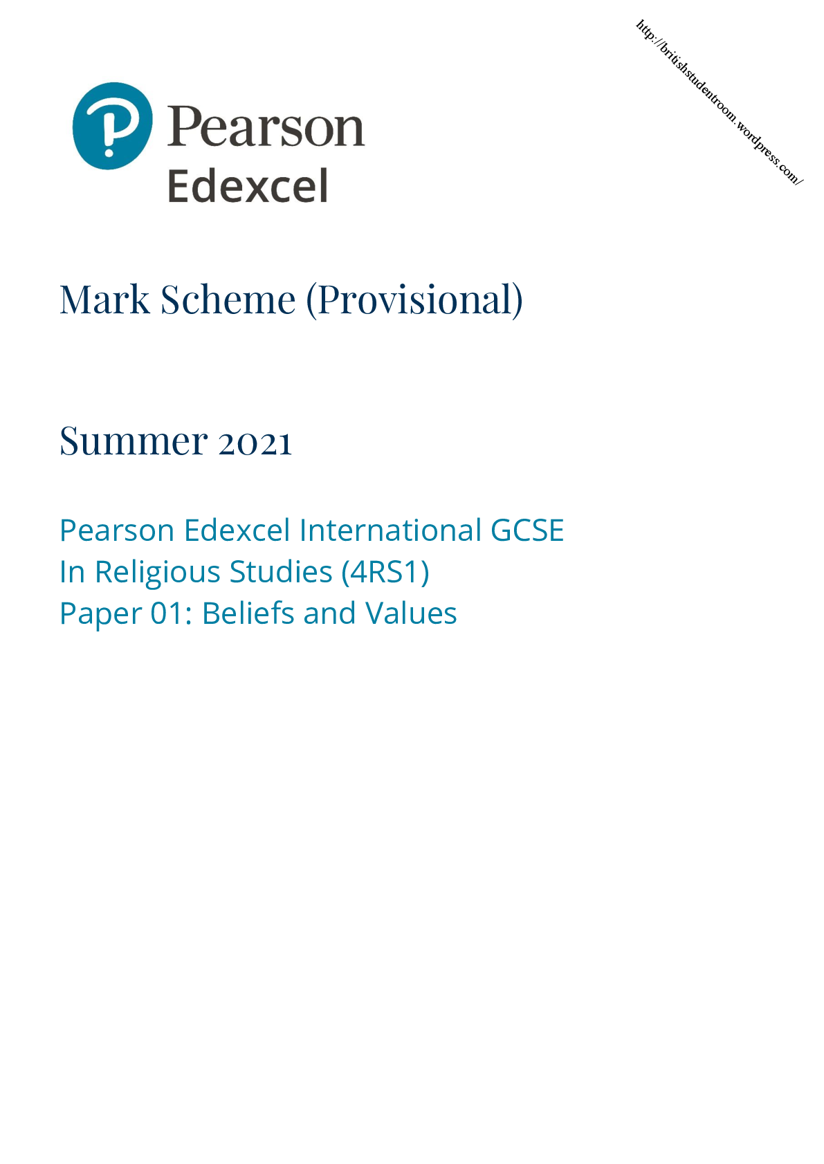 Pearson Edexcel International GCSE_Religious Studies_4RS1/01 Mark ...