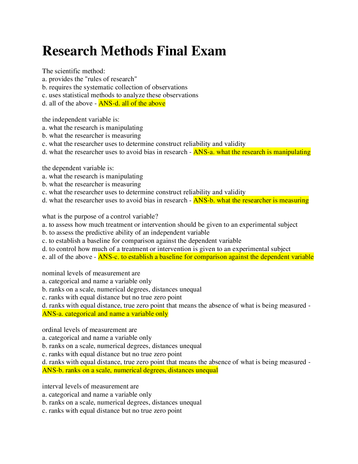 Research Methods Final Exam - Scholarfriends