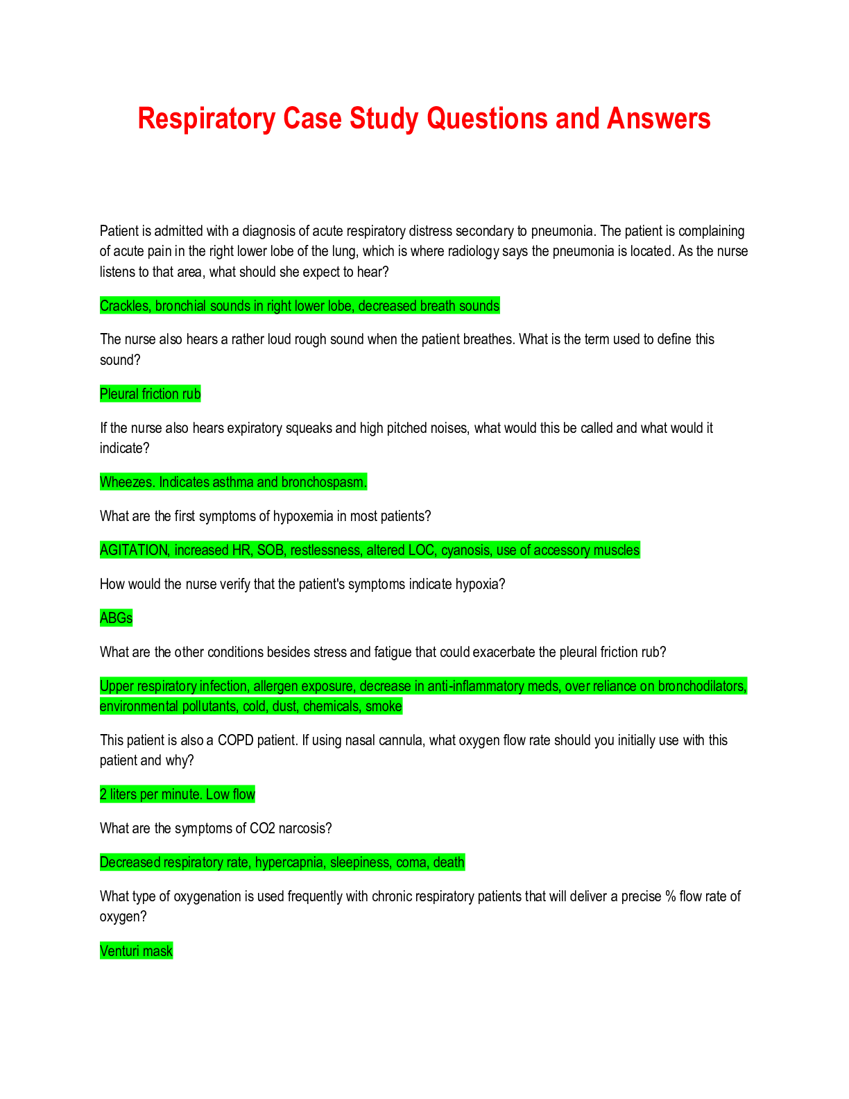 Respiratory Case Study Questions and Answers - Scholarfriends