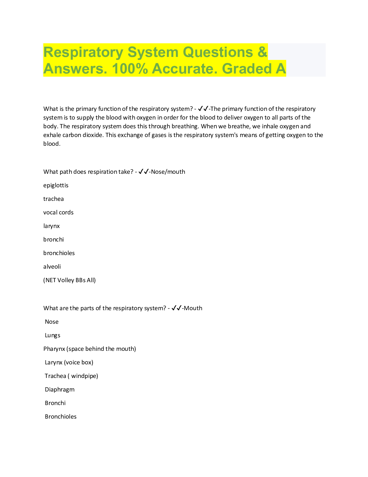 Respiratory System Questions & Answers. 100% Accurate. Graded A ...