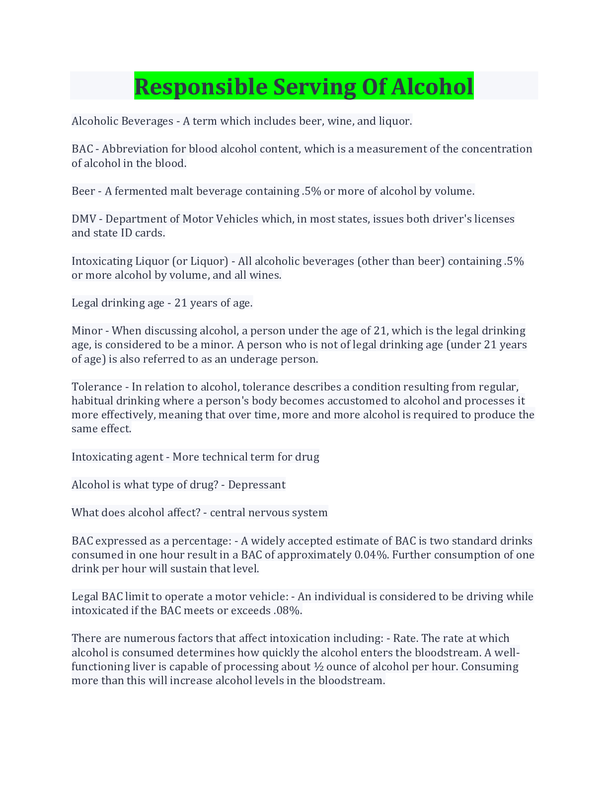 Responsible Serving Of Alcohol Latest Update Questions And Answers ...