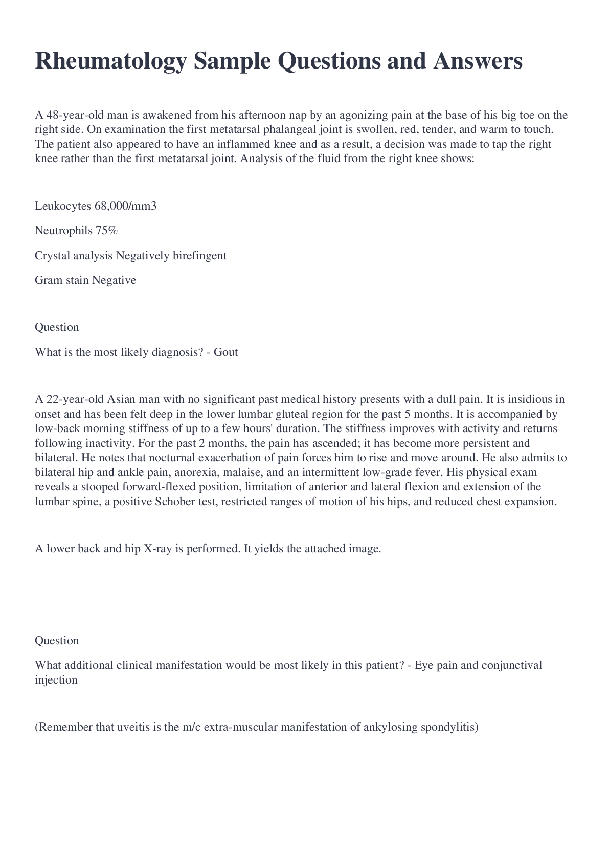Rheumatology Sample Questions and Answers - Scholarfriends