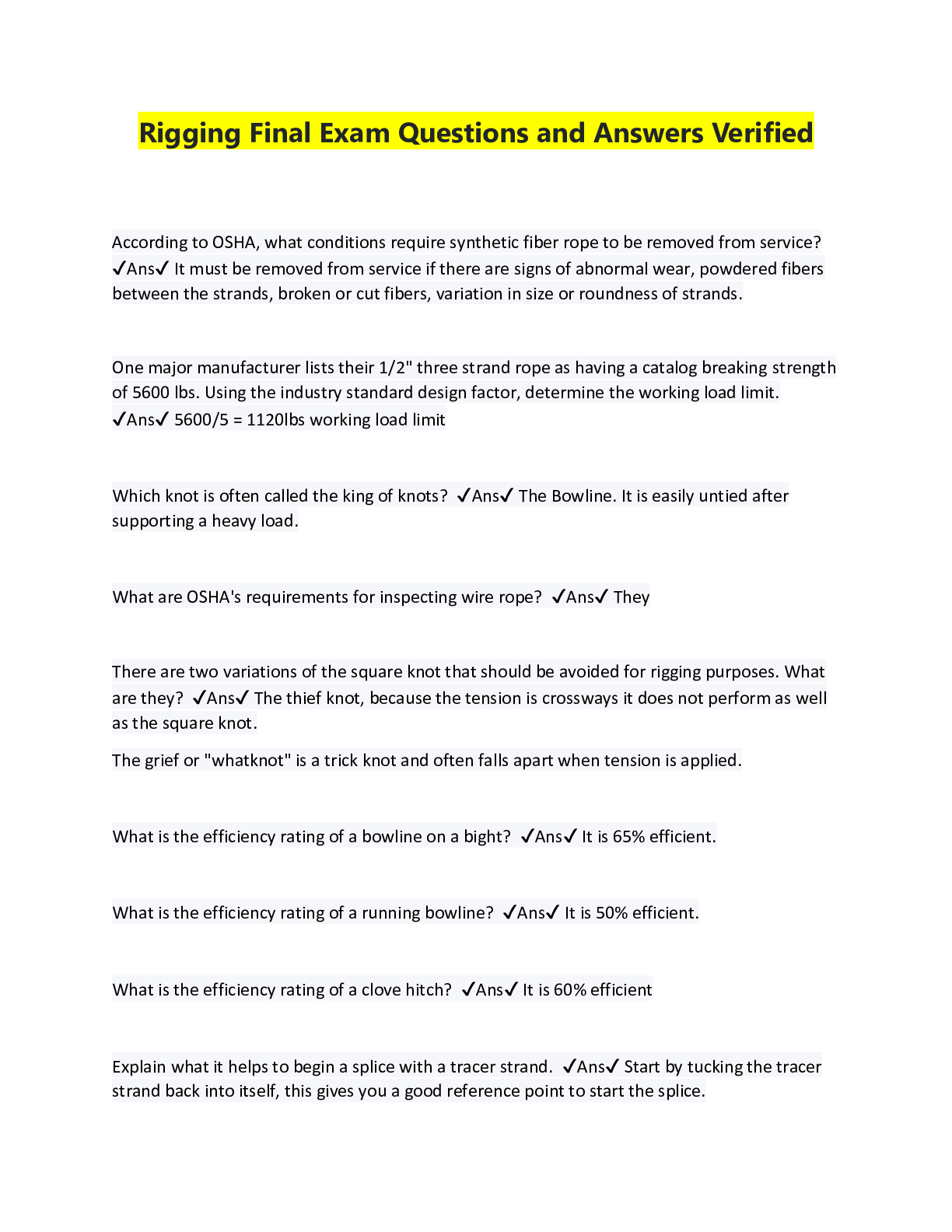 Rigging Final Exam Questions and Answers Verified - Scholarfriends