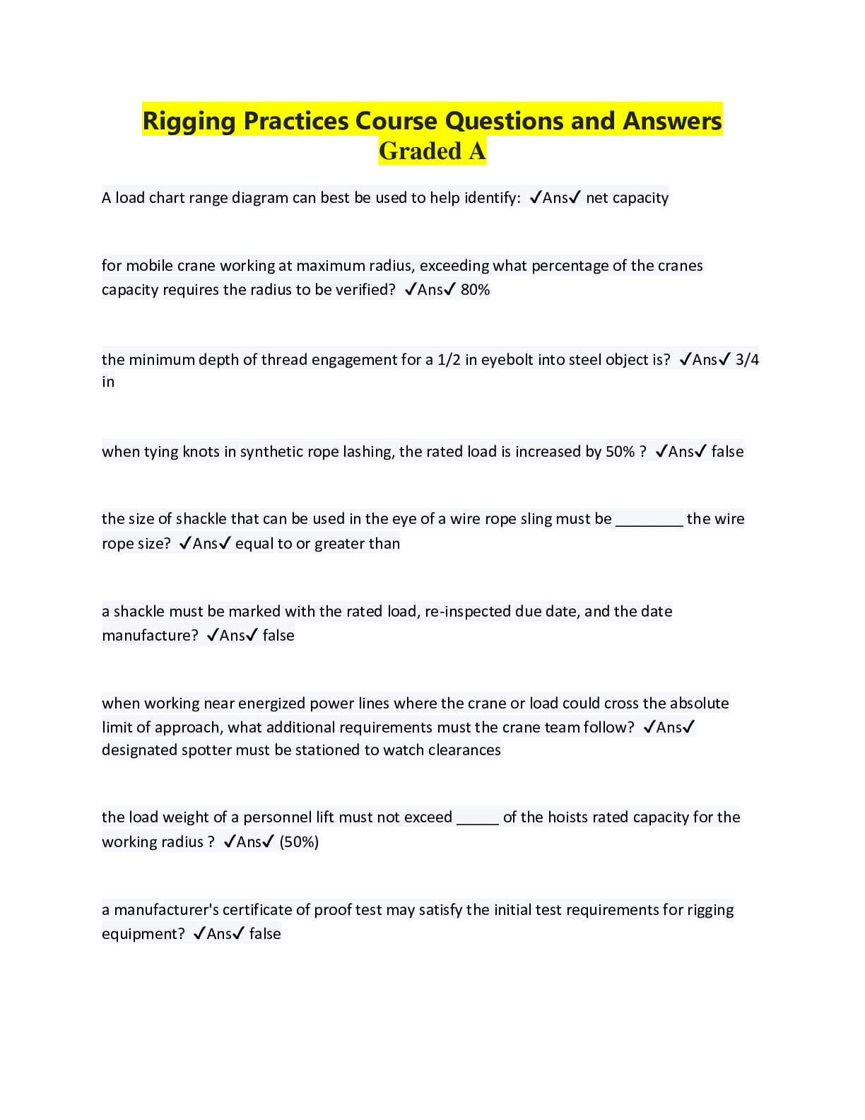 Rigging Practices Course Questions and Answers Graded A - Scholarfriends