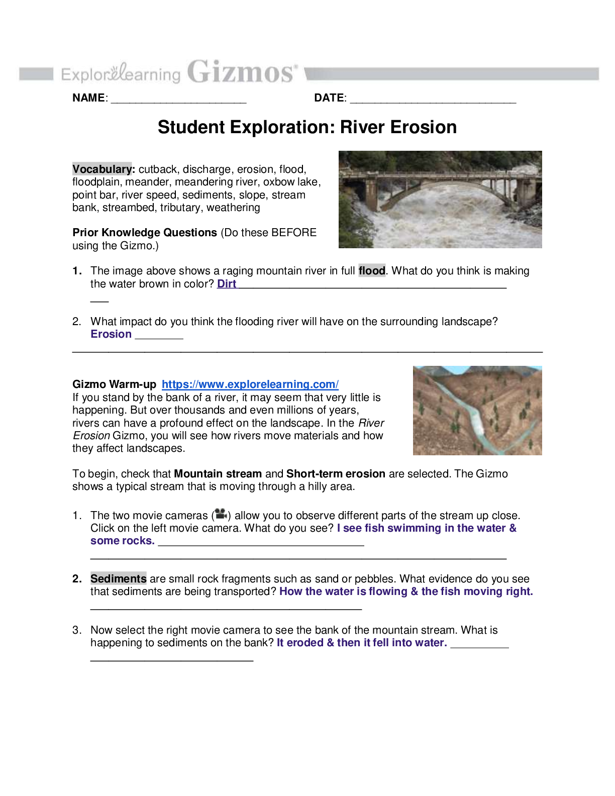 GIZMO STUDENT EXPLORATION: RIVER EROSION - Scholarfriends