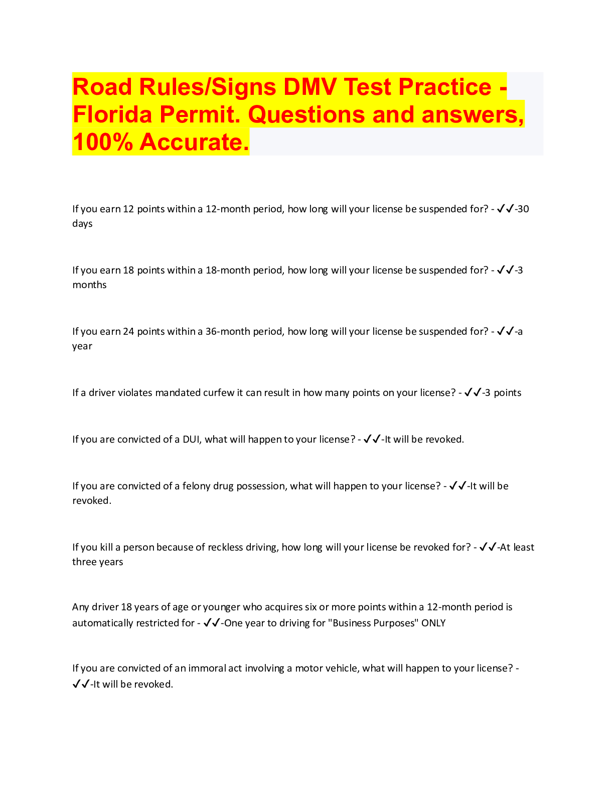 Road Rules/Signs DMV Test Practice - Florida Permit. Questions and a ...