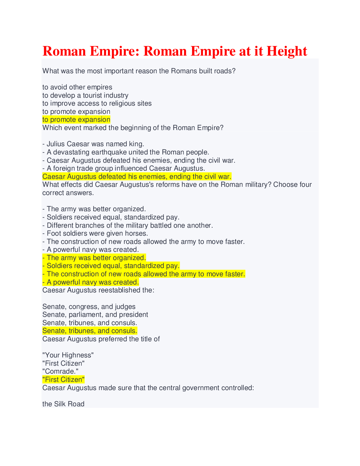 Roman Empire: Roman Empire at it Height Exams with Correct Answers ...