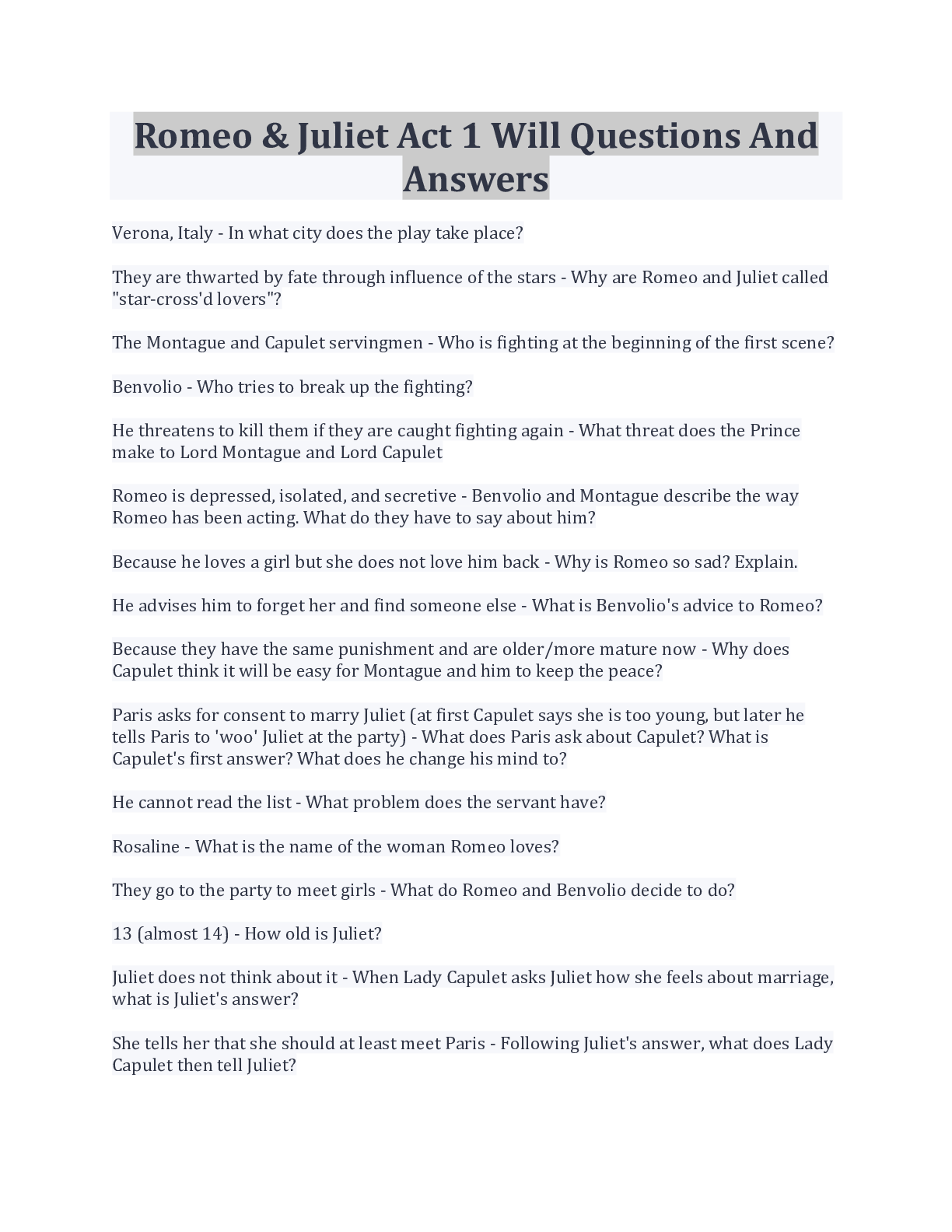 Romeo & Juliet Act 1 Will Questions And Answers - Scholarfriends