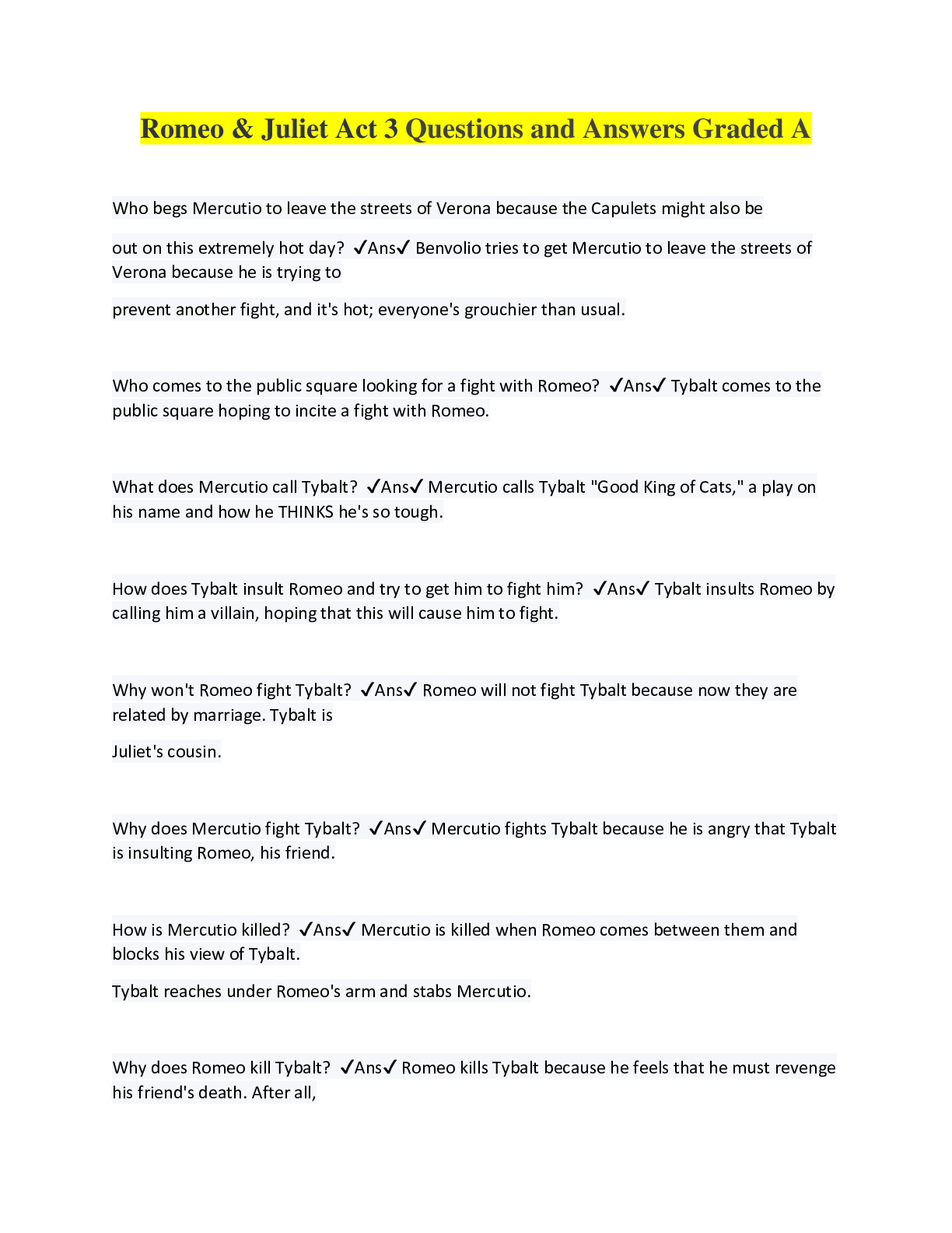 Romeo & Juliet Act 3 Questions and Answers Graded A - Scholarfriends