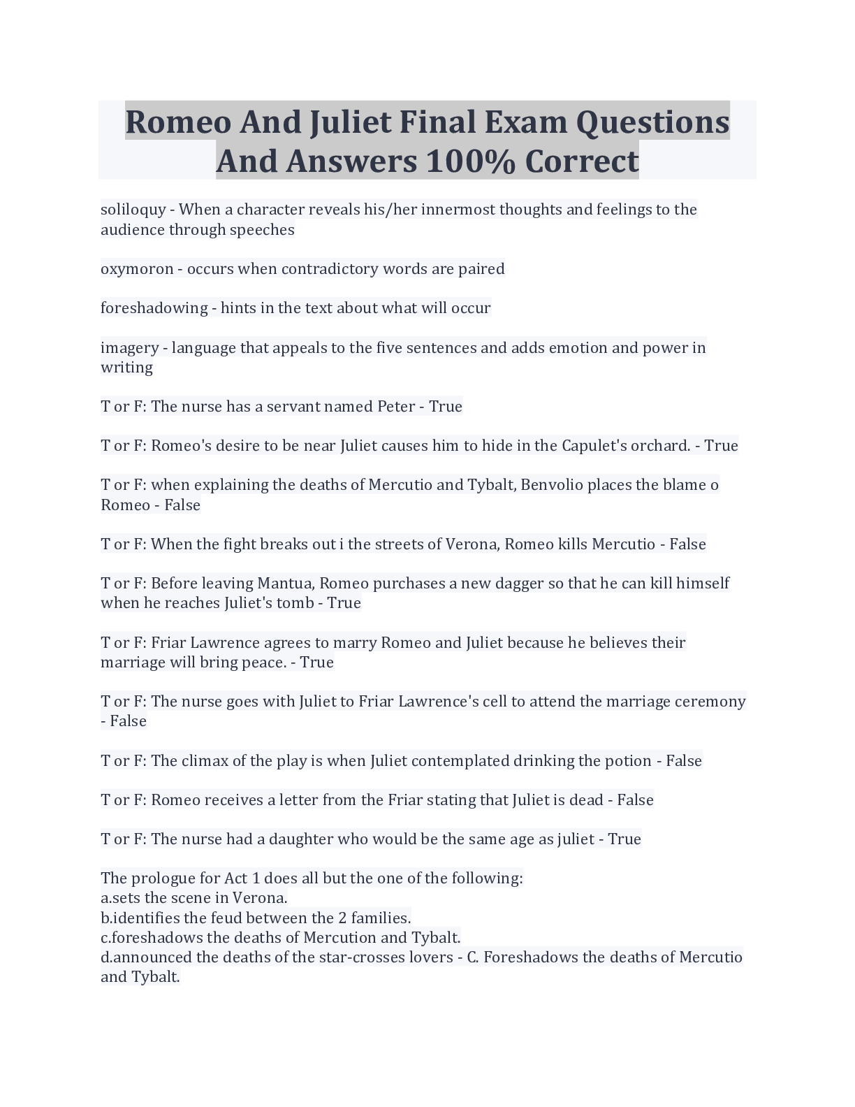 Romeo And Juliet Final Exam Questions And Answers 100% Correct ...
