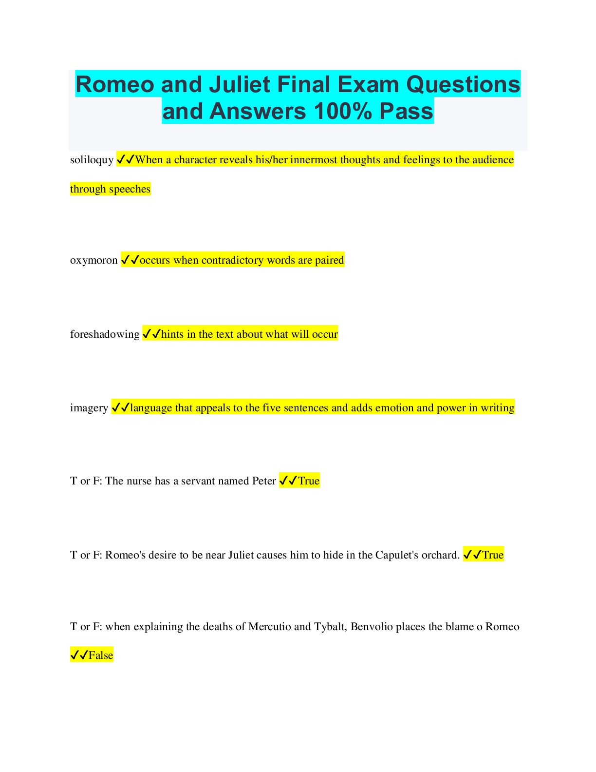 Romeo and Juliet Final Exam Questions and Answers 100% Pass ...