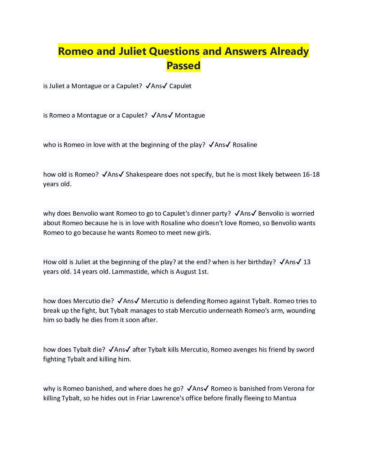 Romeo and Juliet Questions and Answers Already Passed - Scholarfriends