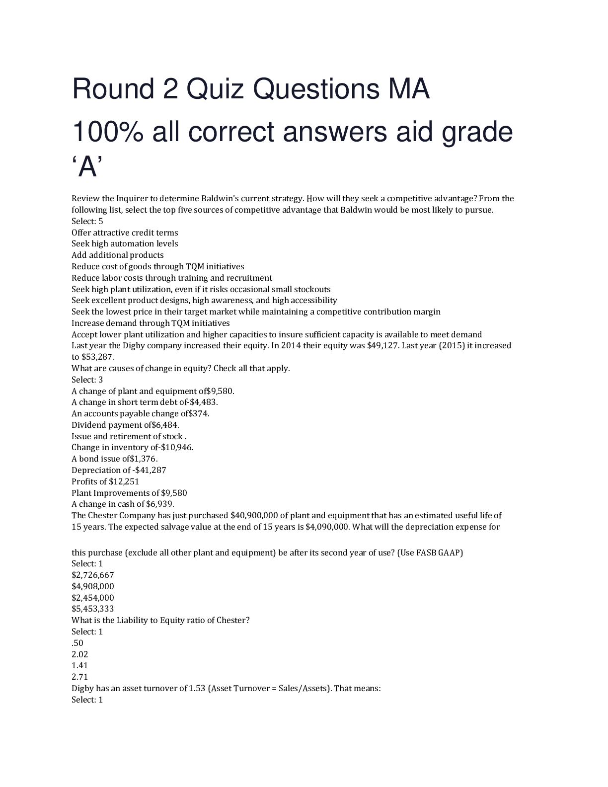 Round 2 Quiz Questions MA 100% all correct answers aid grade ‘A ...