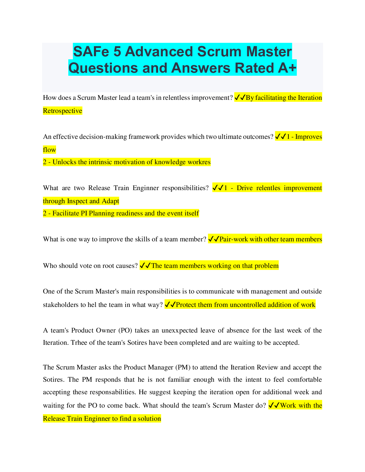 SAFe 5 Advanced Scrum Master Questions and Answers Rated A+ ...