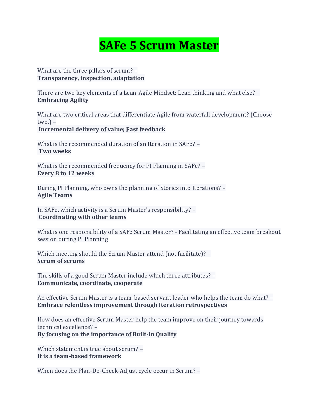 SAFe 5 Scrum Master Exam Questions And Answers Latest Update With ...