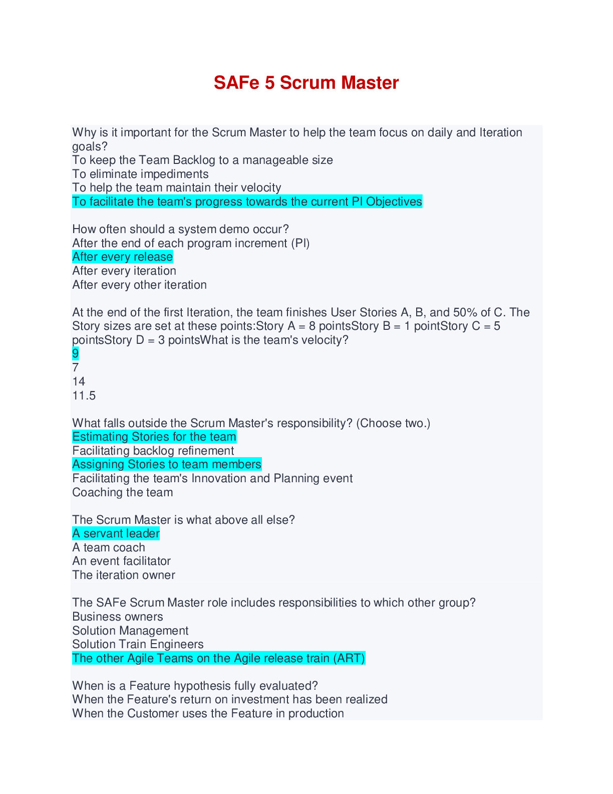 SAFe 5 Scrum Master Questions And Answers Multiple Choice Latest Update ...