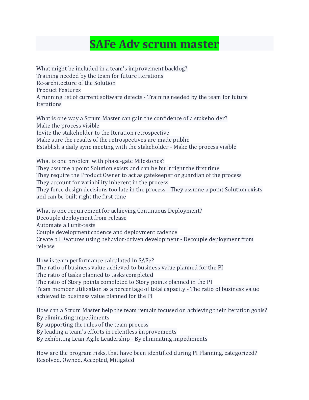 SAFe Adv scrum master Questions And Answers Multiple Choice Latest ...