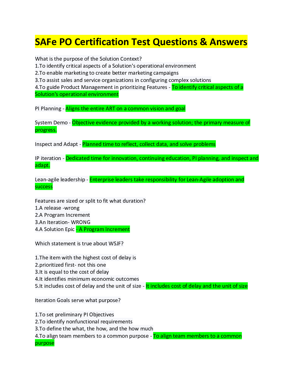 SAFe PO Certification Solution guide, Questions & Answers 2022 ...