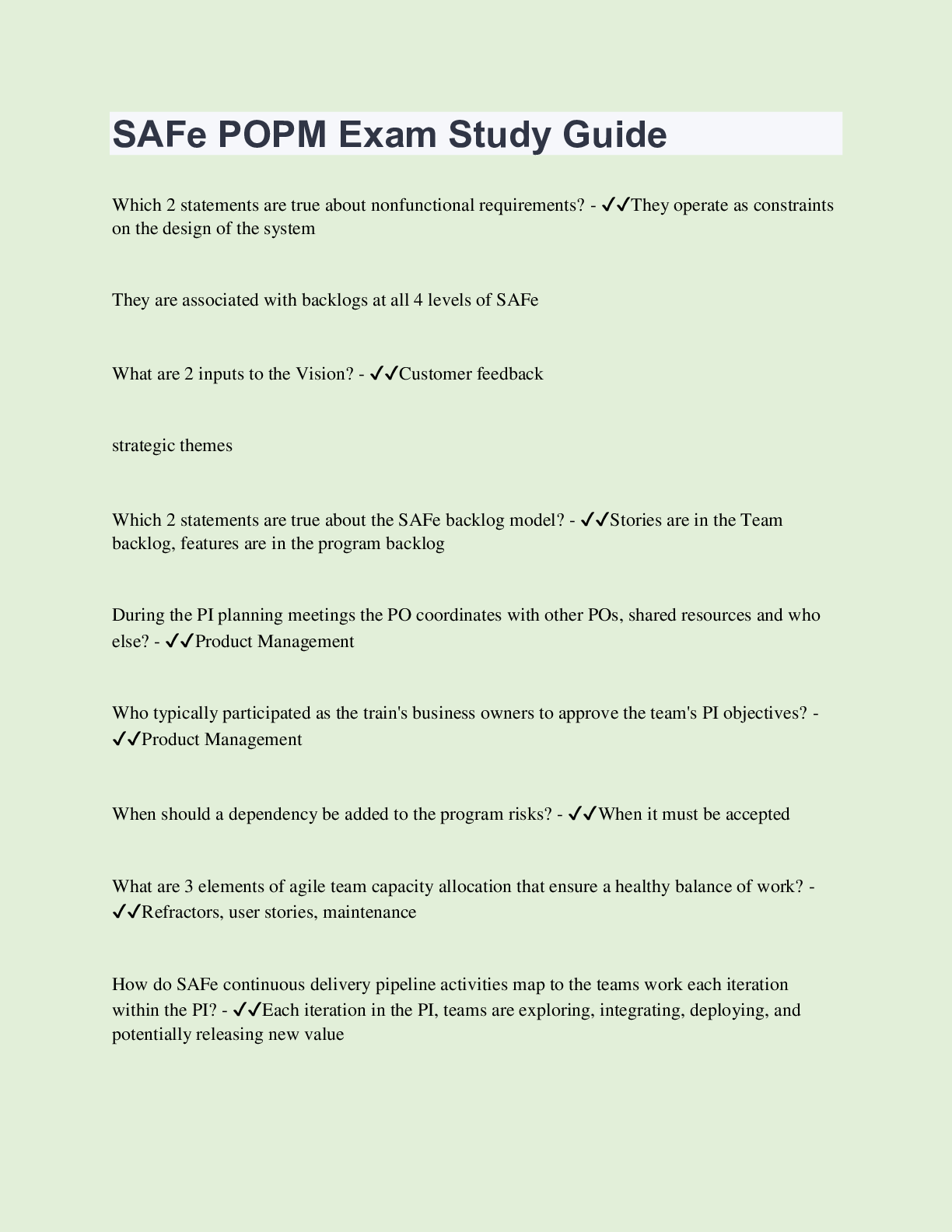 SAFe POPM Exam Study Guide | 200 Questions with 100% Correct Answers ...