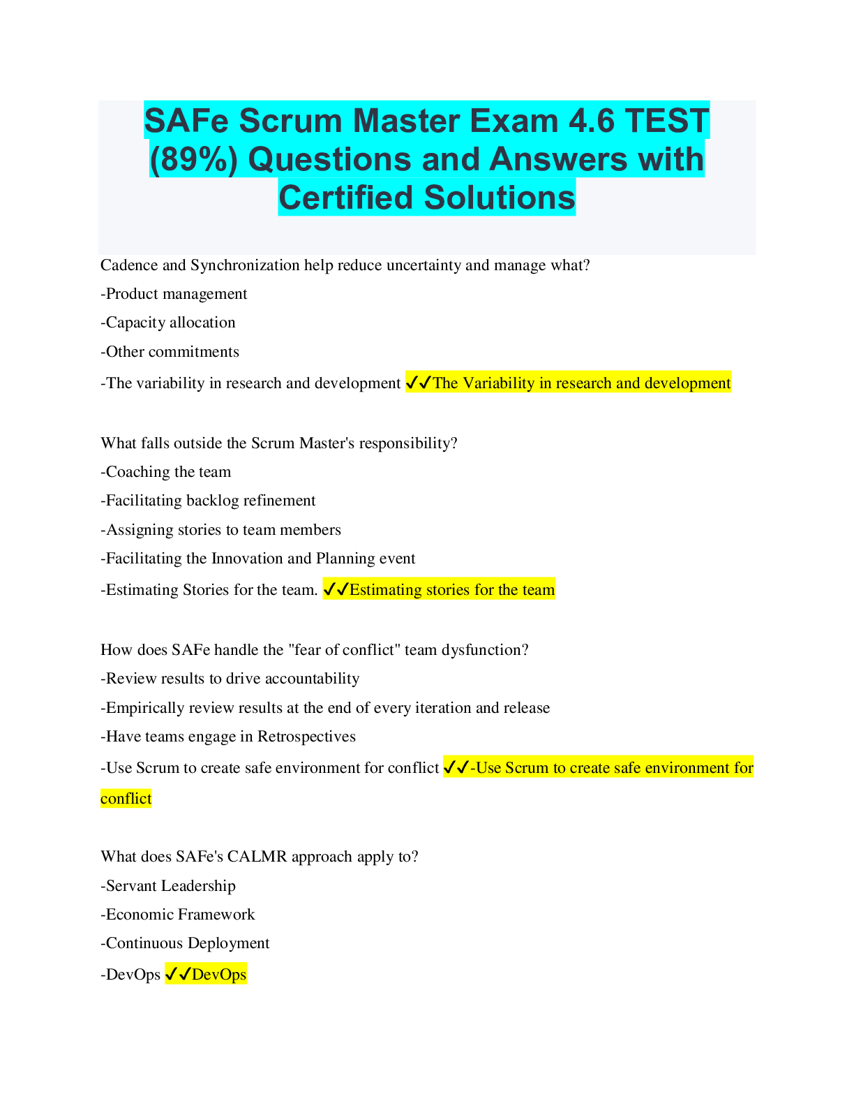 SAFe Scrum Master Exam 4.6 TEST (89%) Questions and Answers with ...