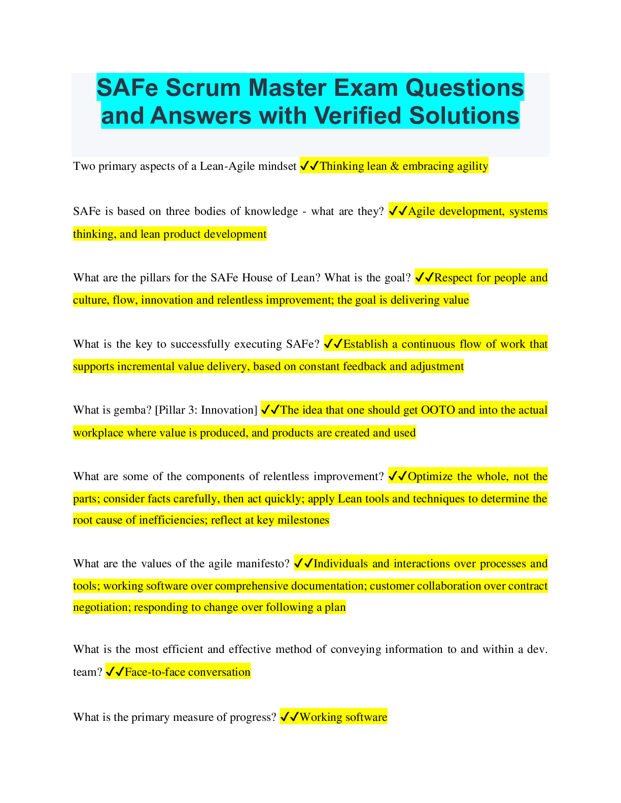 SAFe Scrum Master Exam Questions and Answers with Verified Solutions ...