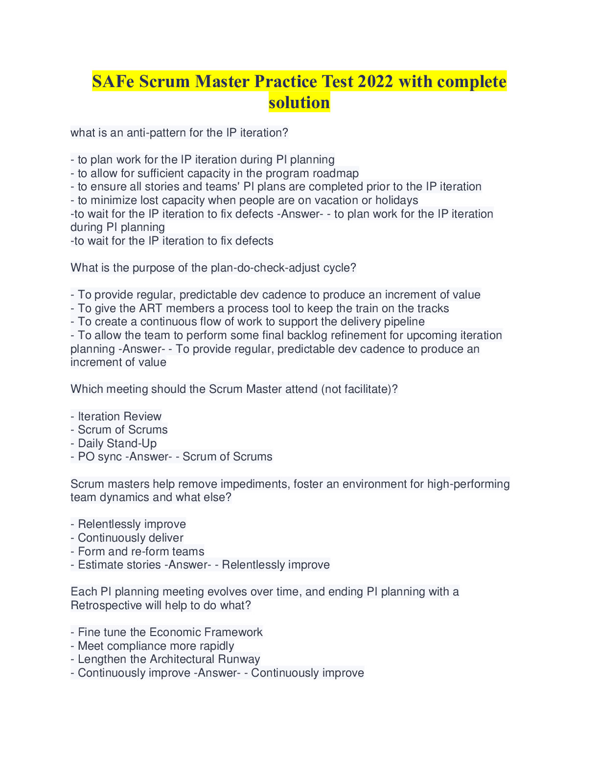 SAFe Scrum Master Practice Test 2022 with complete solution ...