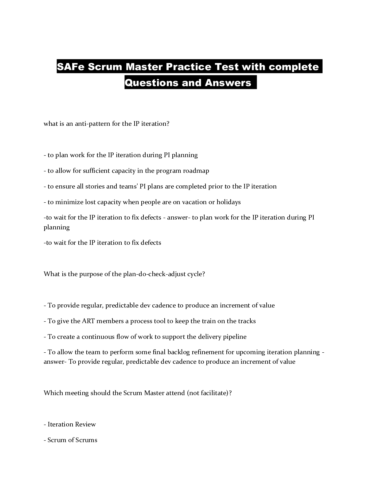 SAFe Scrum Master Practice Test with complete Questions and Answers ...