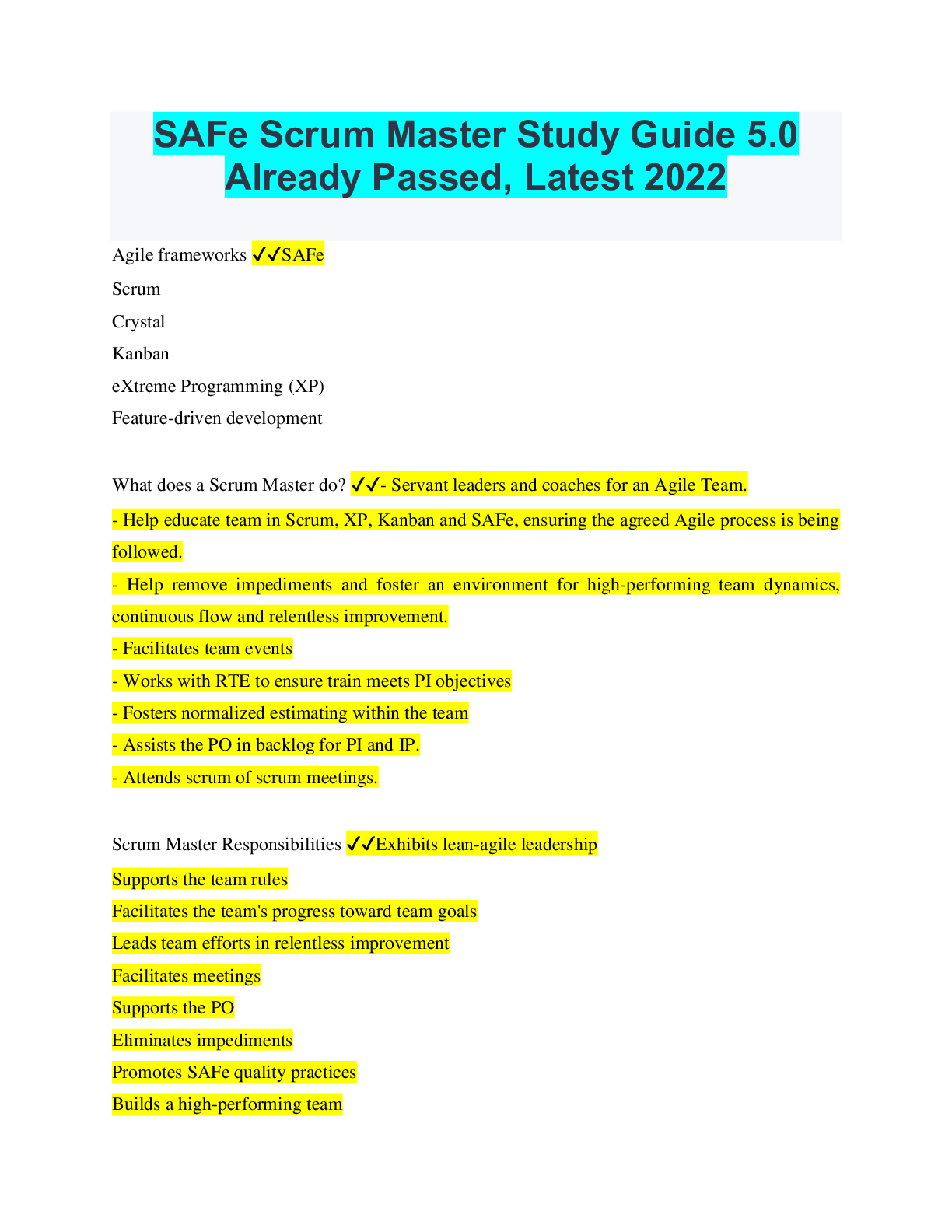 SAFe Scrum Master Study Guide 5.0 Already Passed, Latest 2022 ...