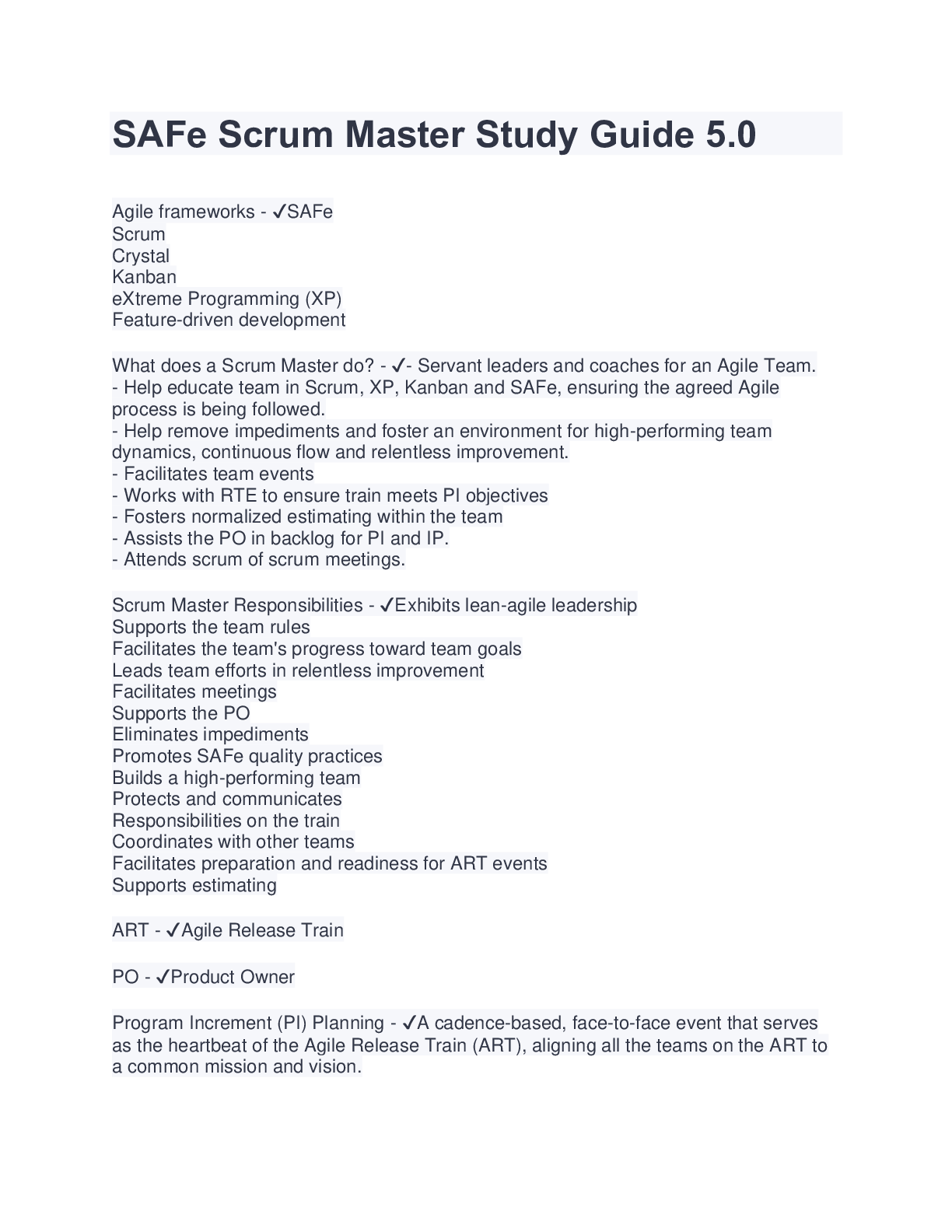 SAFe Scrum Master Study Guide 5.0 With Complete top Solution Latest ...