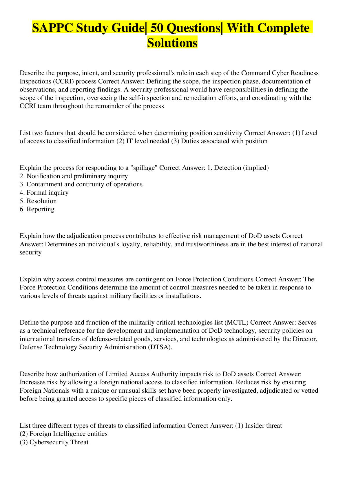 SAPPC Study Guide| 50 Questions| With Complete Solutions - Scholarfriends