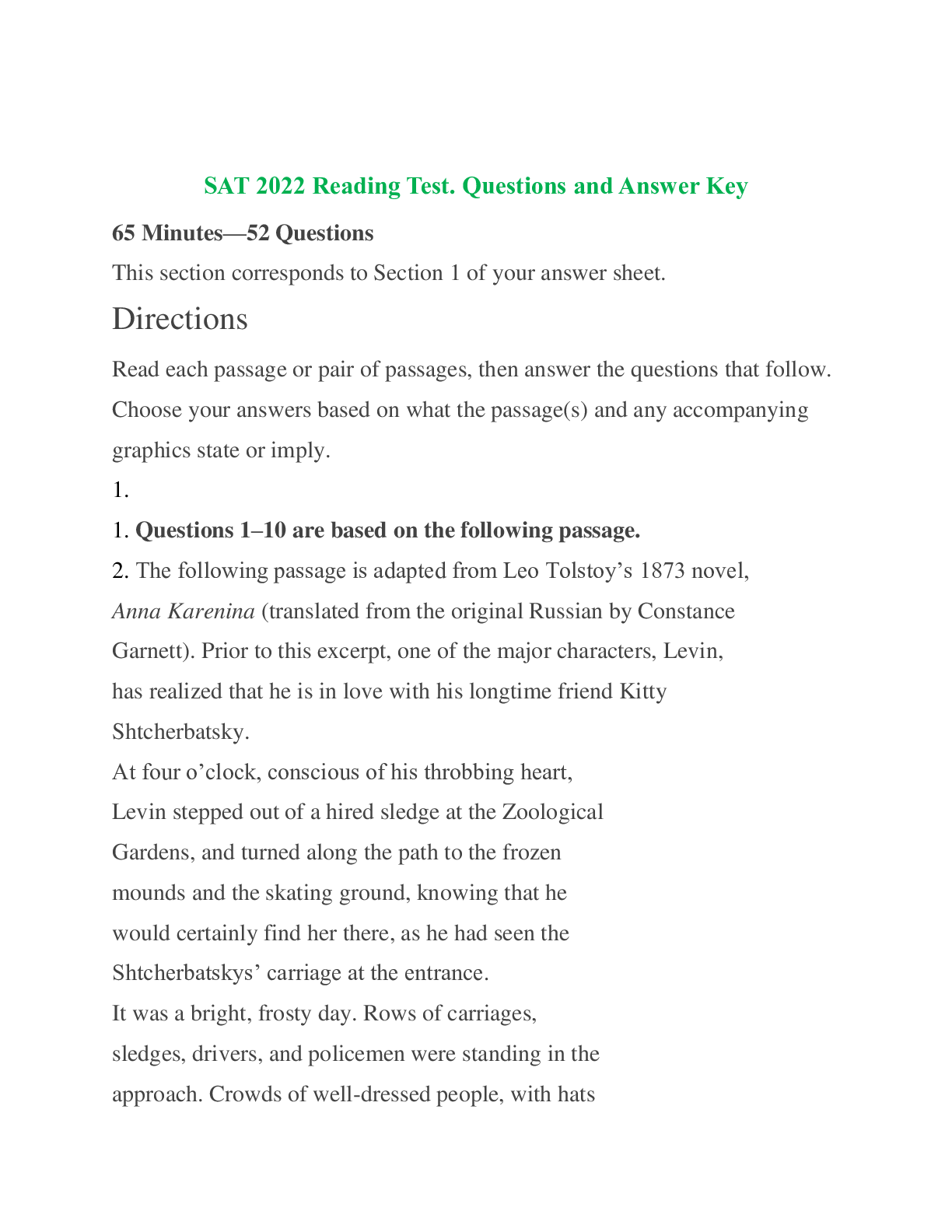 SAT 2022 Reading Test. 52 Questions and Answer Key – Scholarfriends ...