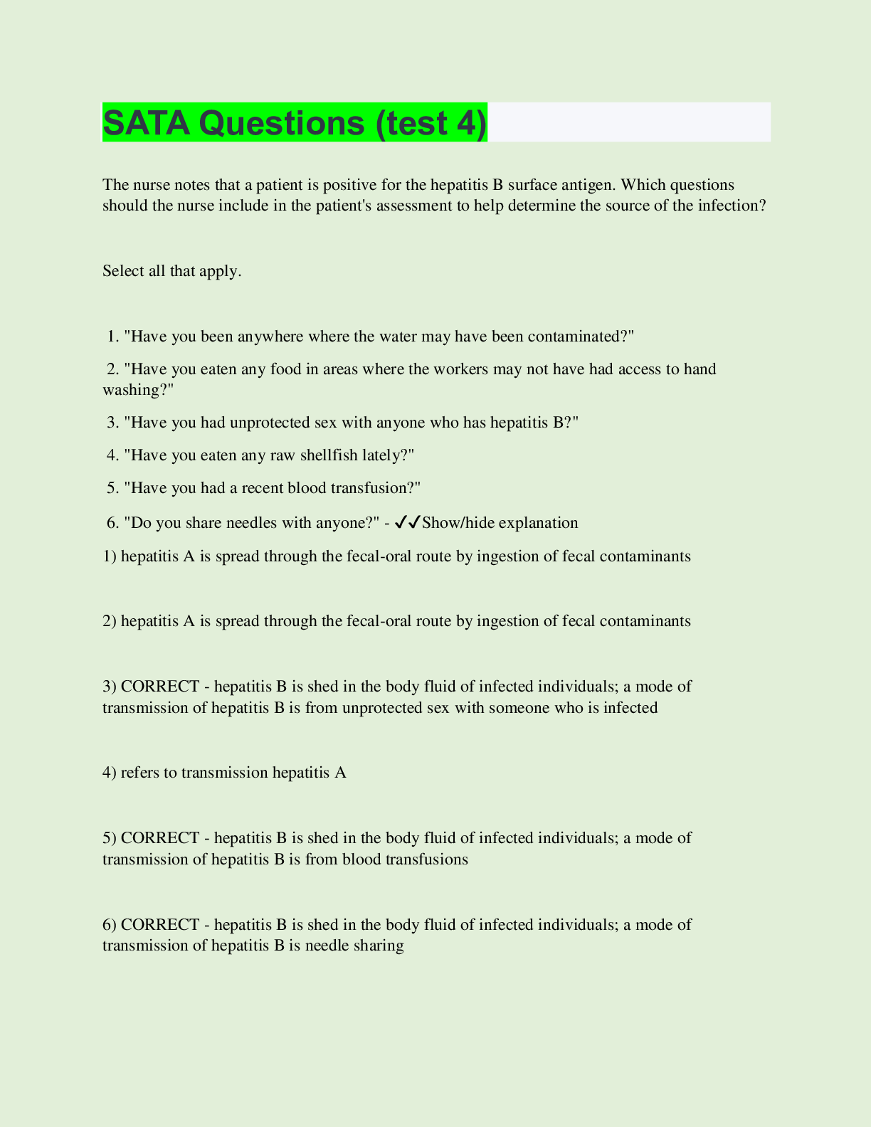 SATA Questions (test 4) | Questions with 100% Correct Answers | Updated ...