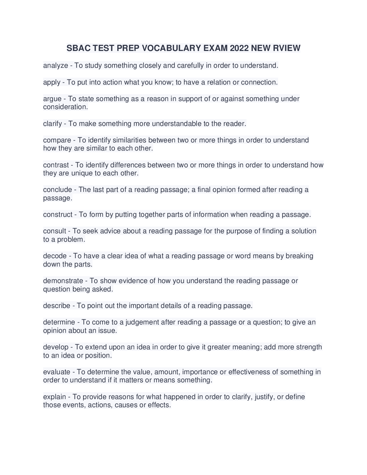 SBAC TEST PREP VOCABULARY EXAM 2022 NEW RVIEW - Scholarfriends