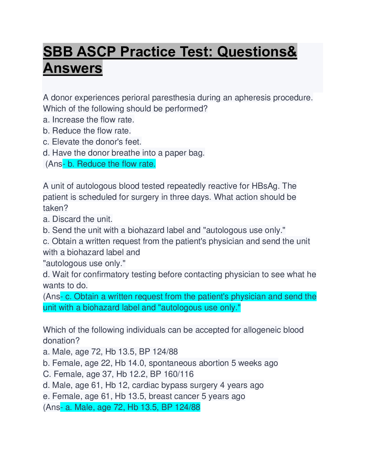 SBB ASCP Practice Test: Questions& Answers: 100% Verified : Latest ...