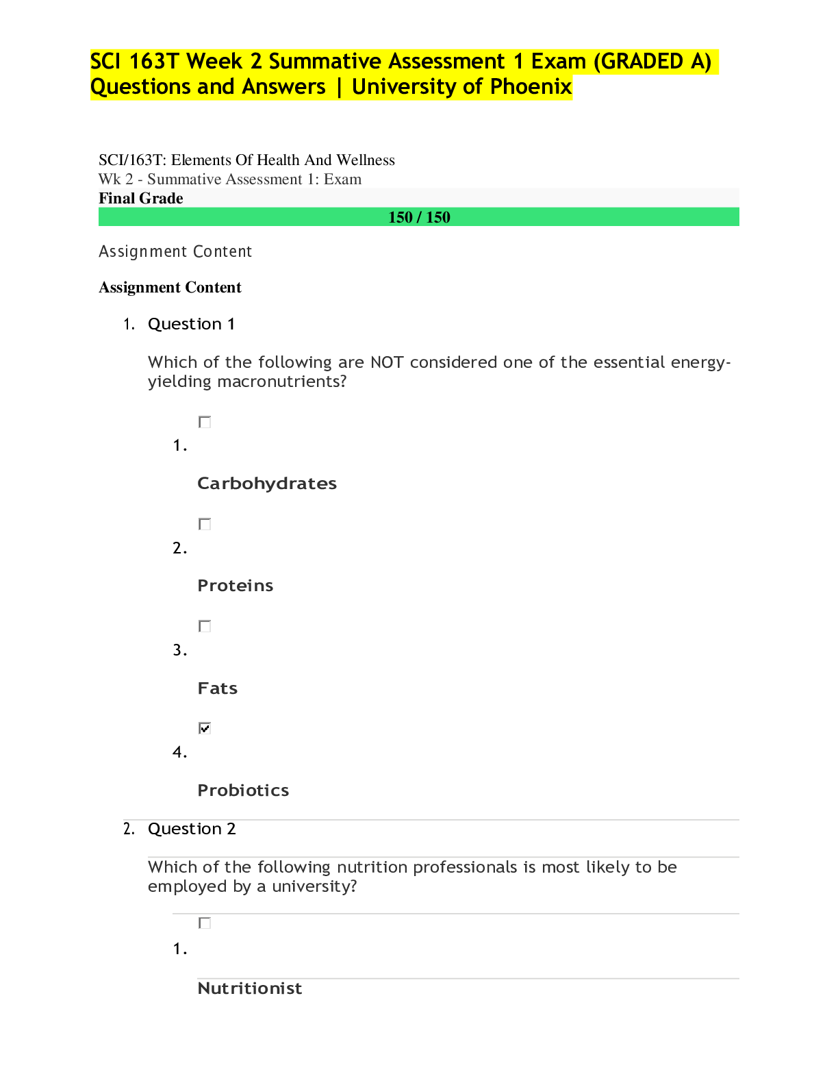 SCI 163T Week 2 Summative Assessment 1 Exam (GRADED A) Questions and ...
