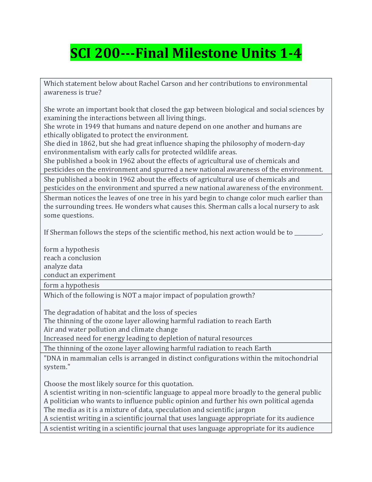 SCI 200---Final Milestone Units 1-4 Questions And Answers/ Latest ...