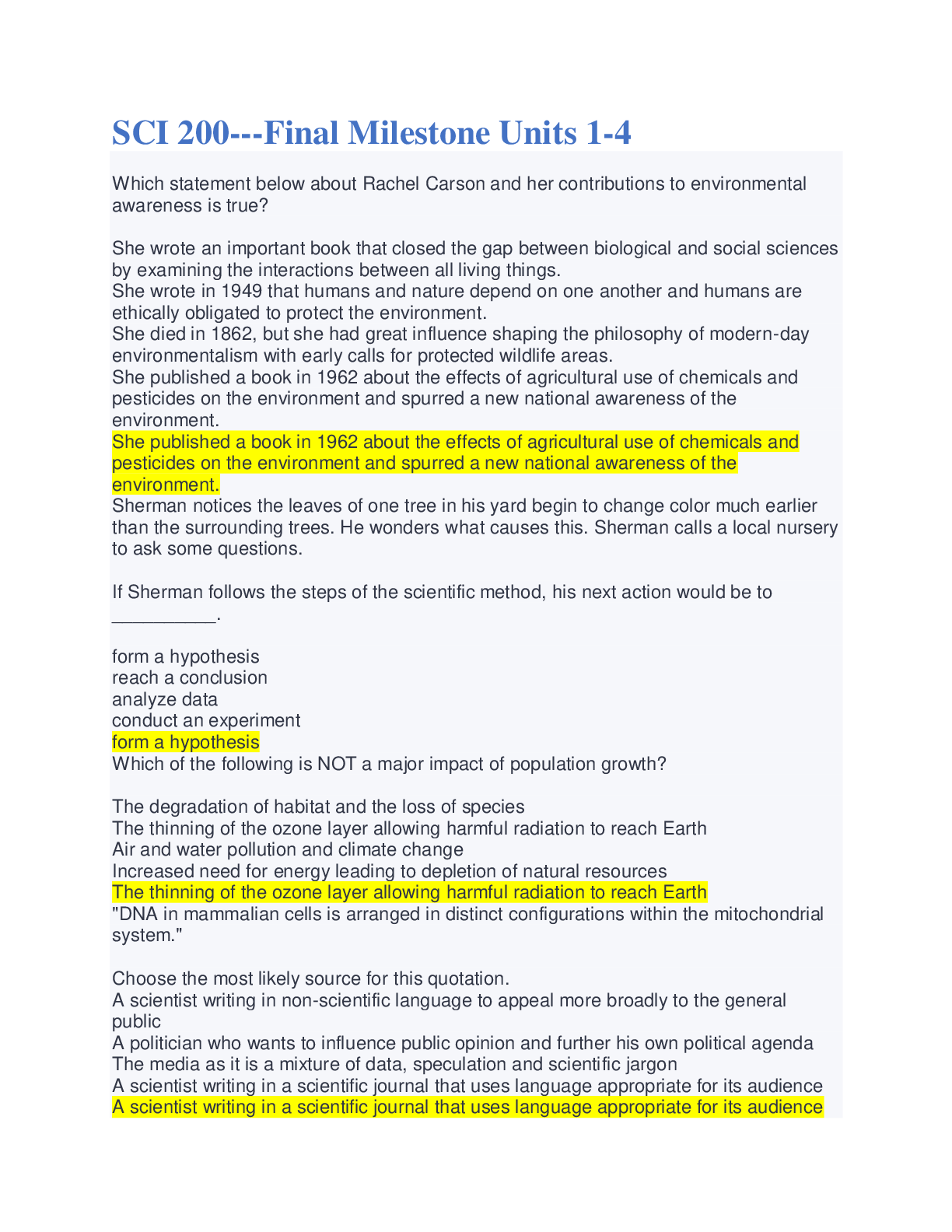 SCI 200---Final Milestone Units 1-4 Exams 2022/2023 - Scholarfriends