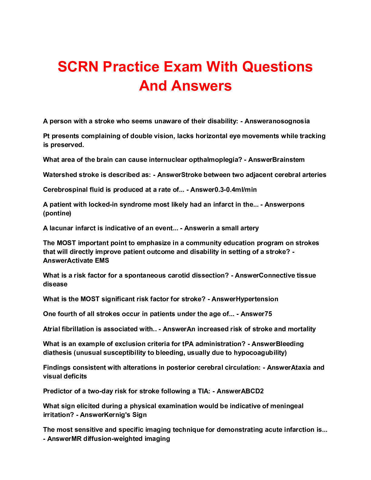 SCRN Practice Exam With Questions And Answers-1 - Scholarfriends