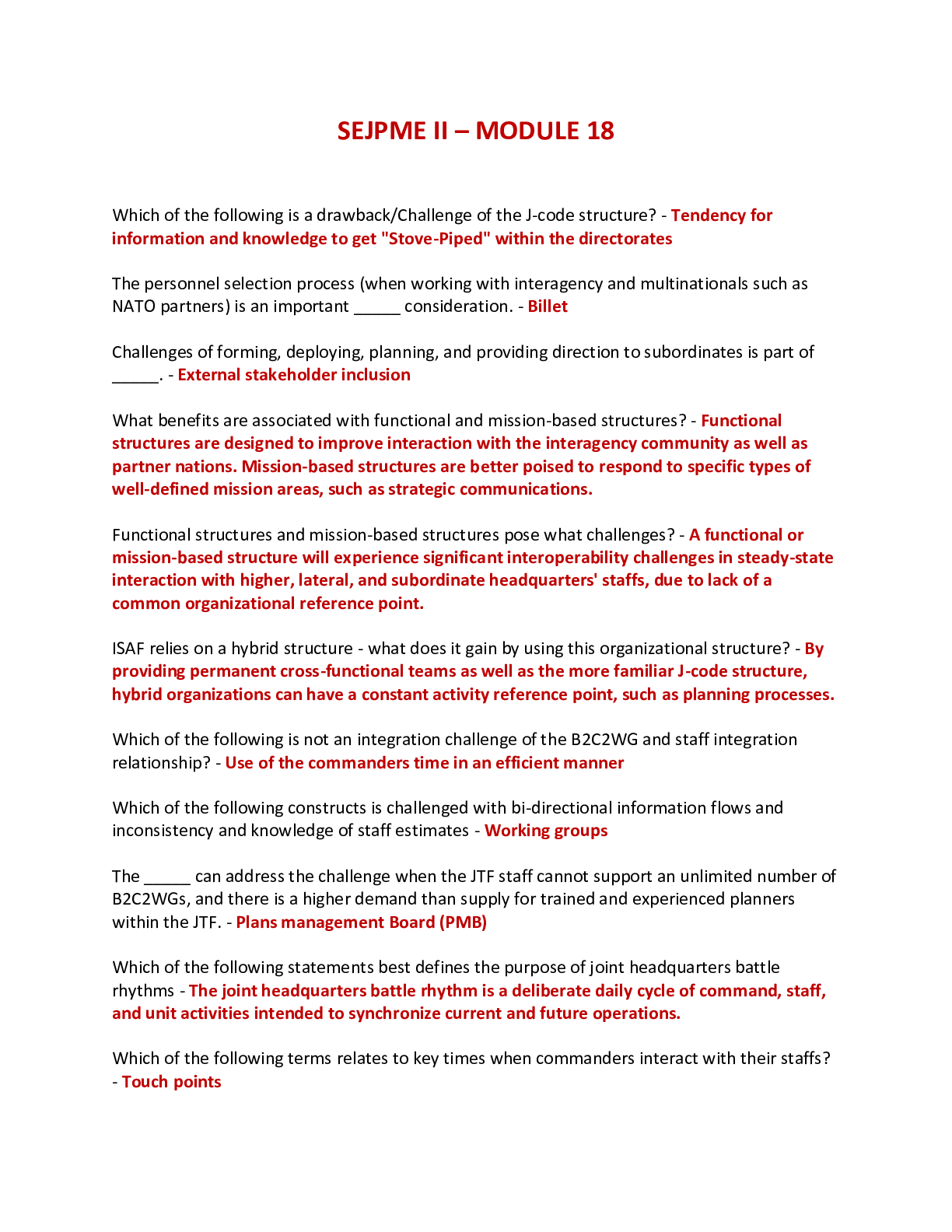 SEJPME II – MODULE 18 - JOINT HQ ORGANIZATION, STAFF INTEGRATION, AND ...