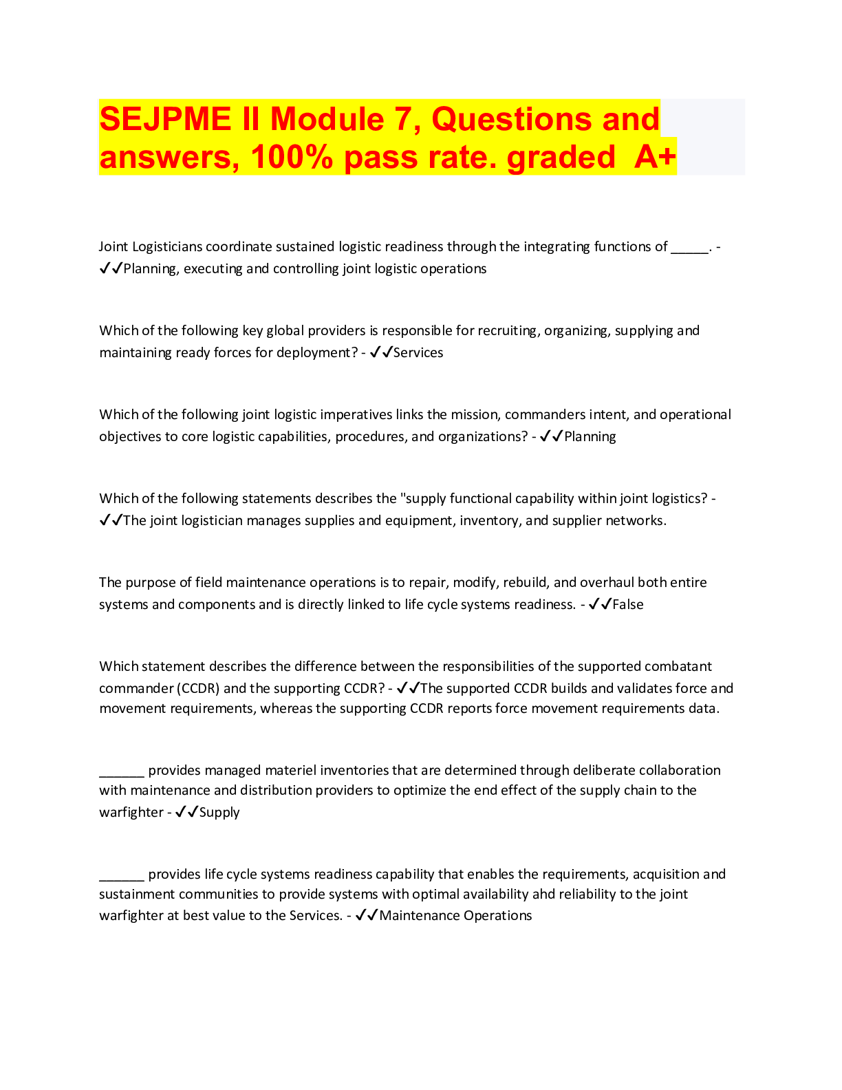SEJPME II Module 7, Questions and answers, 100% pass rate. graded A+ ...