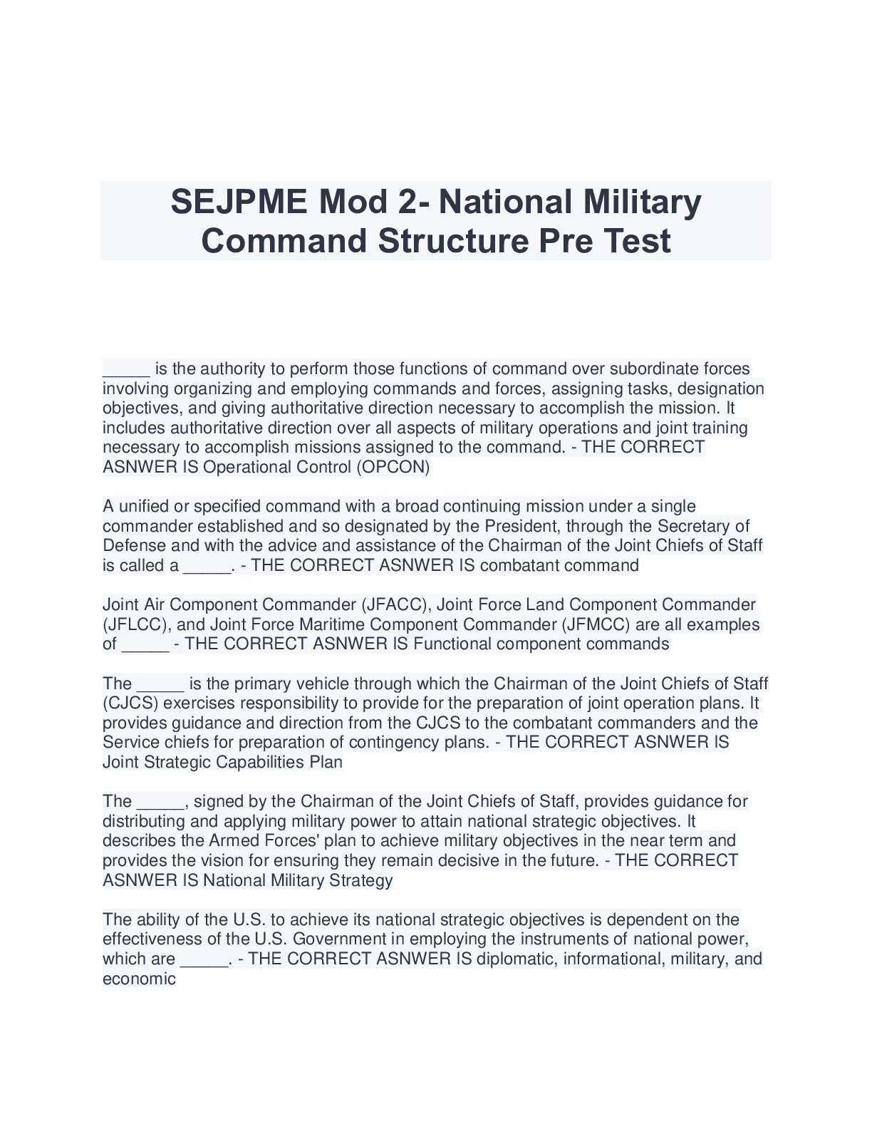 SEJPME Mod 2- National Military Command Structure Pre Test (Latest 2022 ...