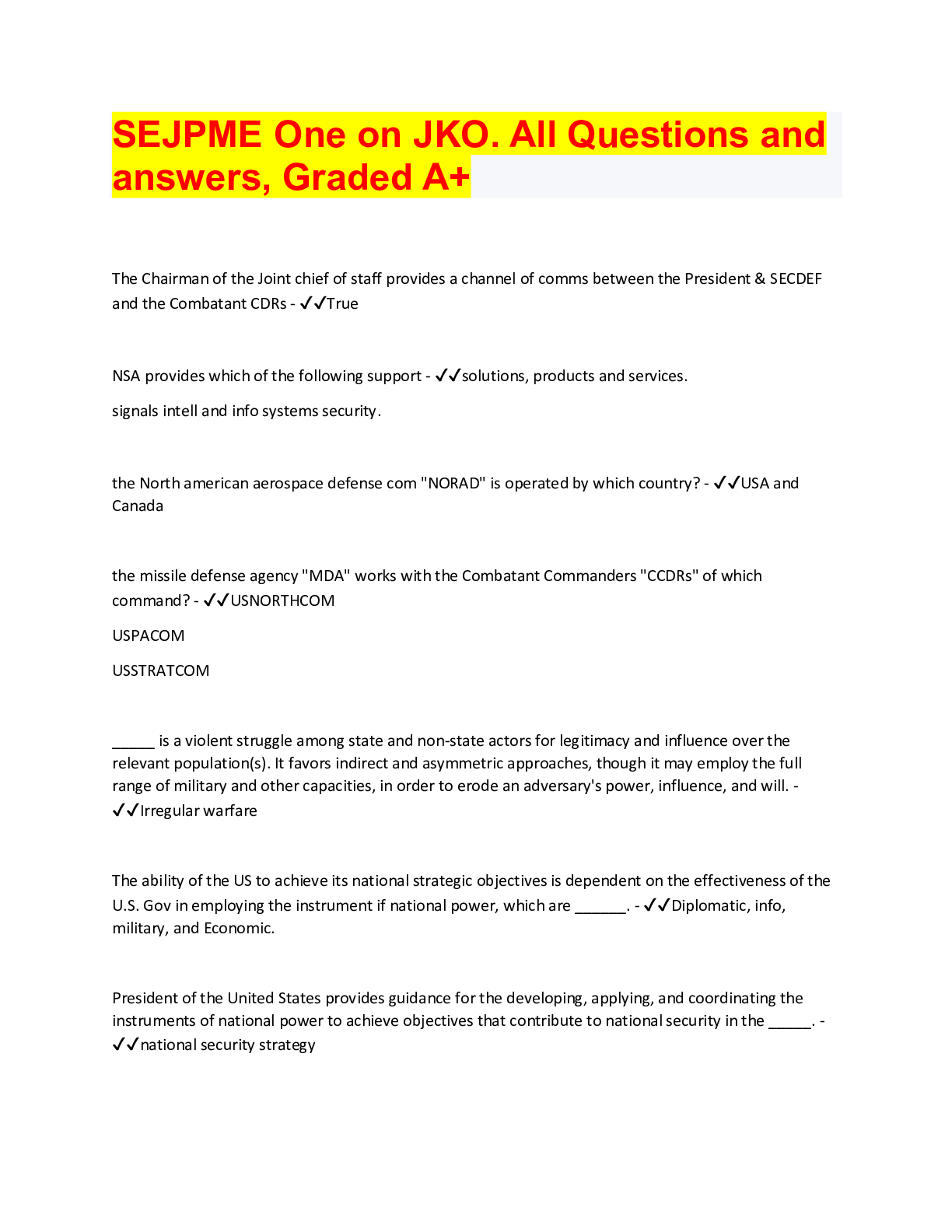 SEJPME One on JKO. All Questions and answers, Graded A+ - Scholarfriends