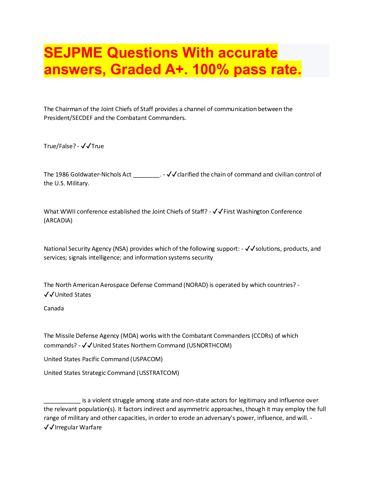 SEJPME Questions With accurate answers, Graded A+. 100% pass rate ...