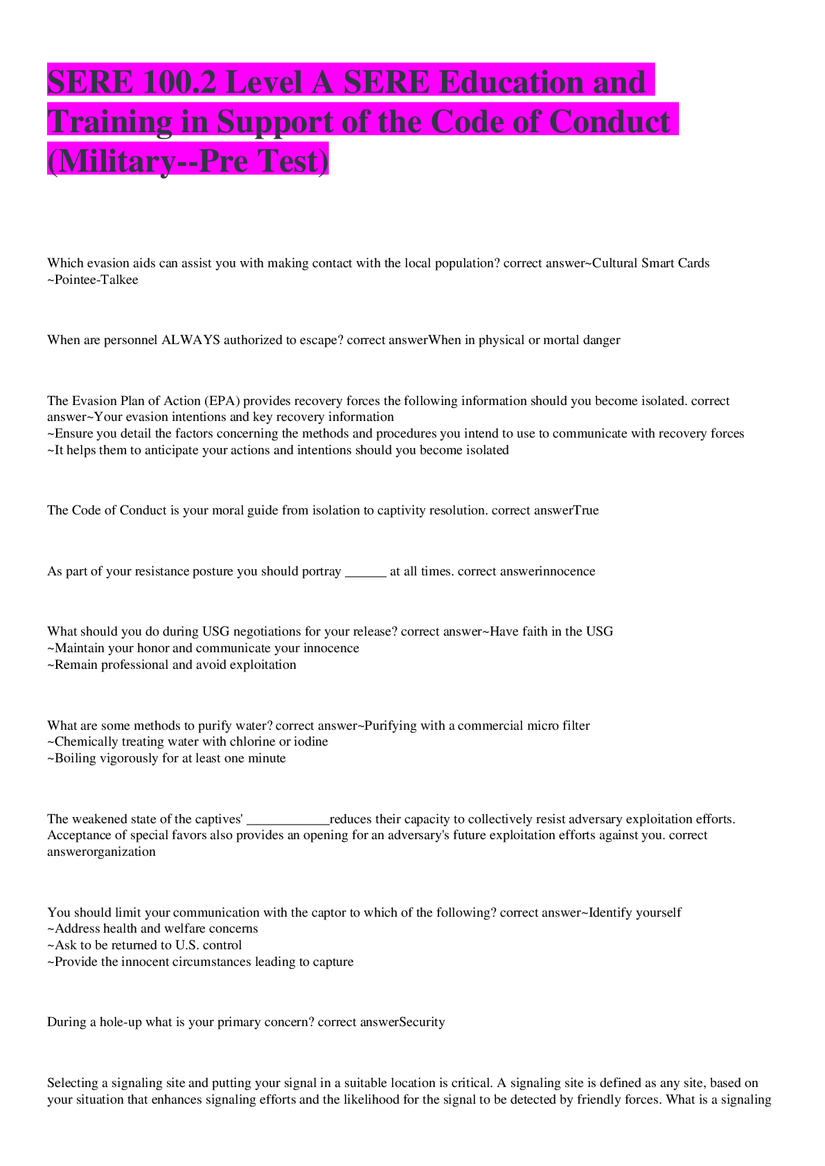 SERE 100.2 Level A SERE Education and Training in Support of the Code ...
