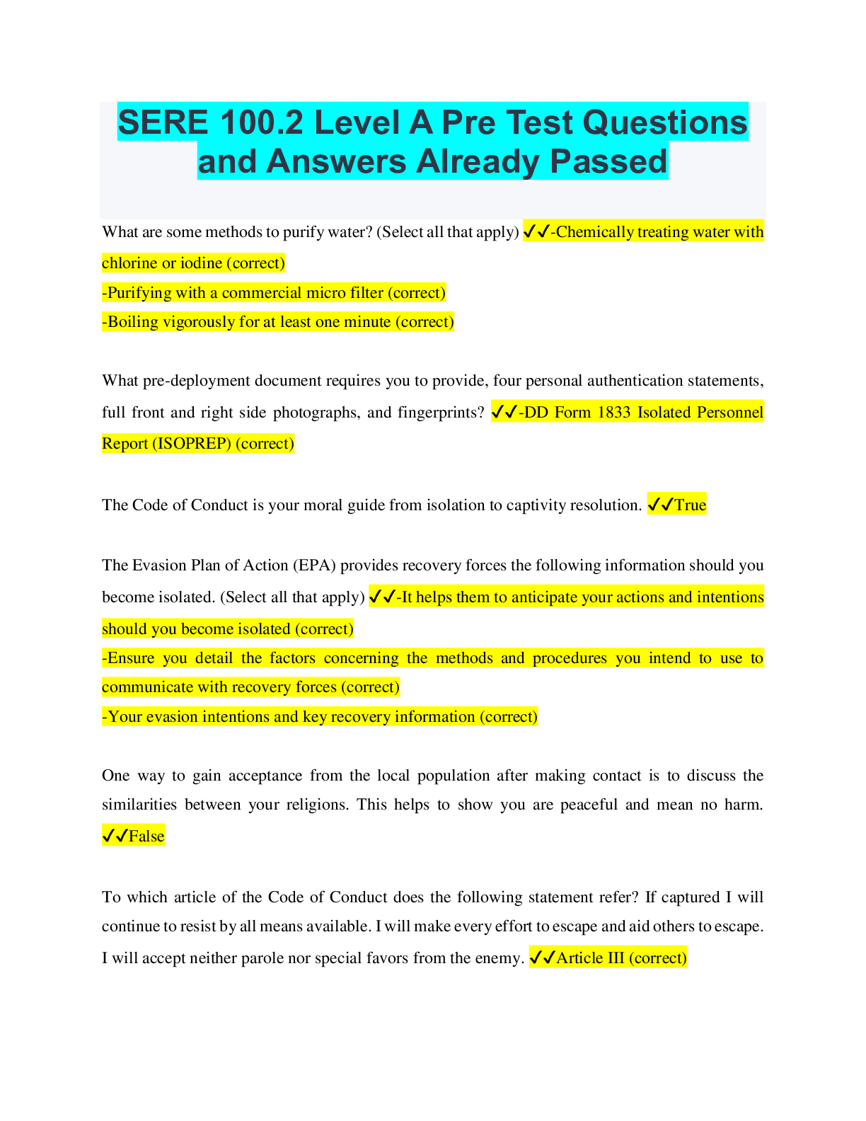 SERE 100.2 Level A Pre Test Questions and Answers Already Passed ...