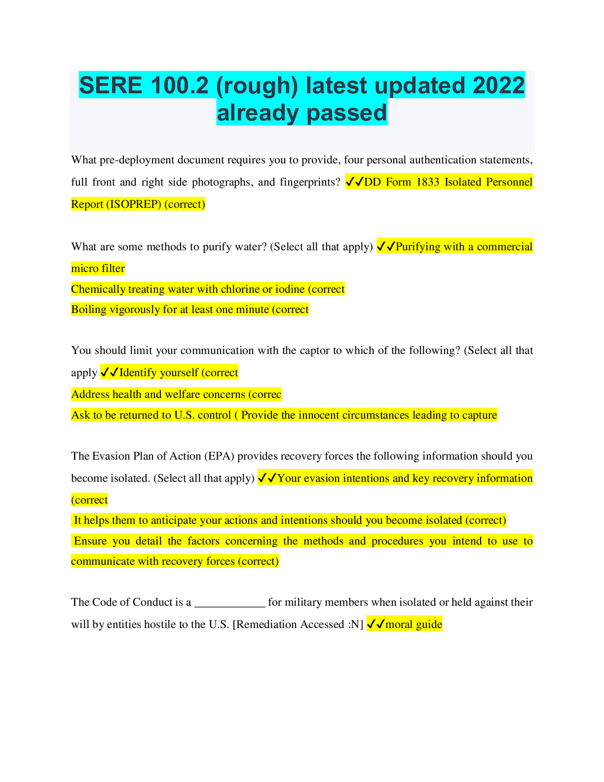 SERE 100.2 (rough) latest updated 2022 already passed - Scholarfriends